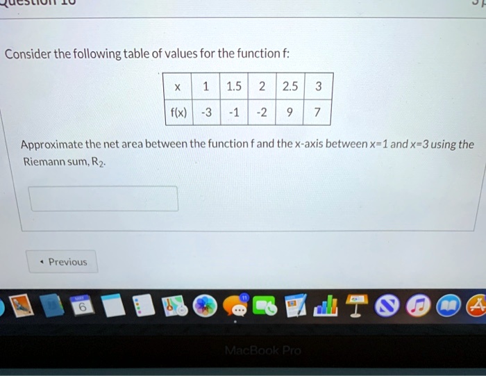 SOLVED: Llcoto Consider the following table of values for the function f: 1.5 2.5 f(x) -1 -2 ...
