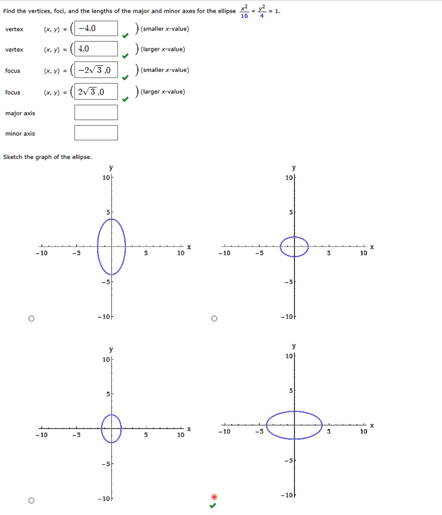 SOLVED: Find the vertices foci, and the lengths of the major and minor ...