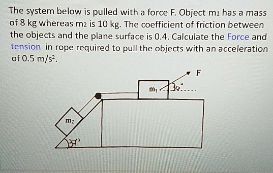 the system below is pulled with a force f object m1 has a mass of 8 kg ...