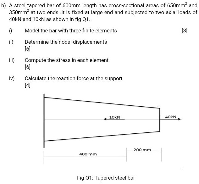 b) A steel tapered bar of 600mm length has cross-sectional areas of ...