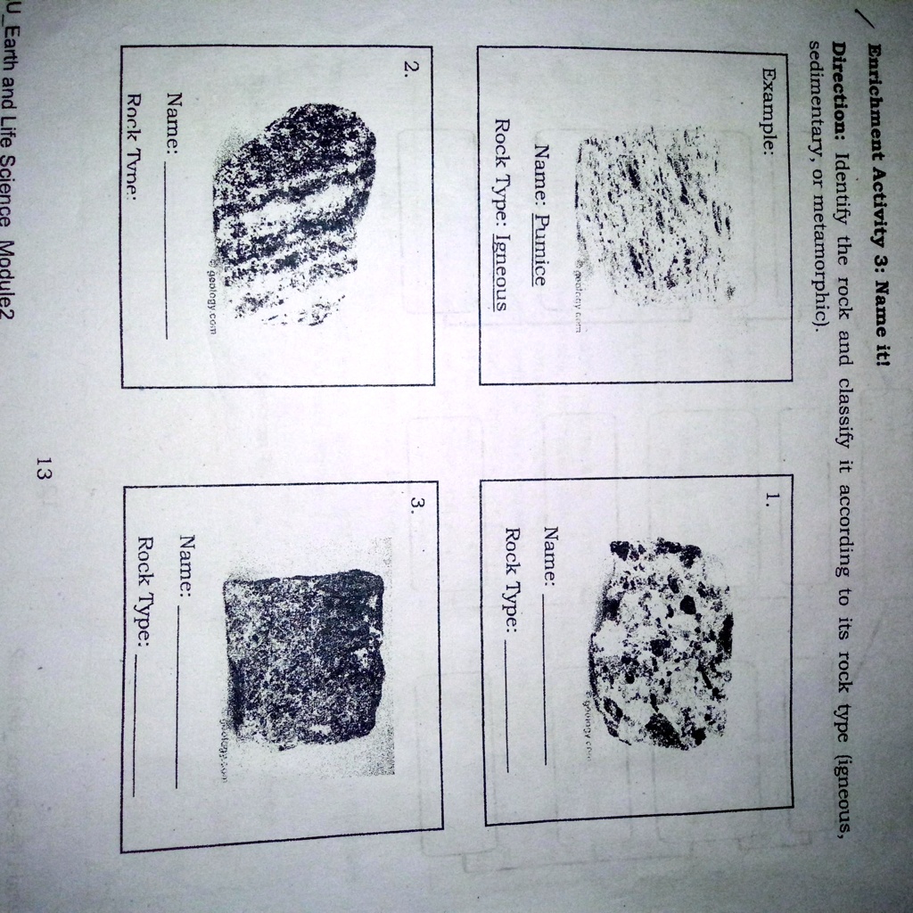 SOLVED: ENRICHMENT ACTIVITY 3: NAME IT Direction: Identify the rock and ...