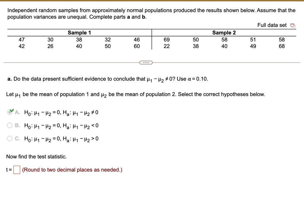 SOLVED: Independent random samples from approximately normal ...