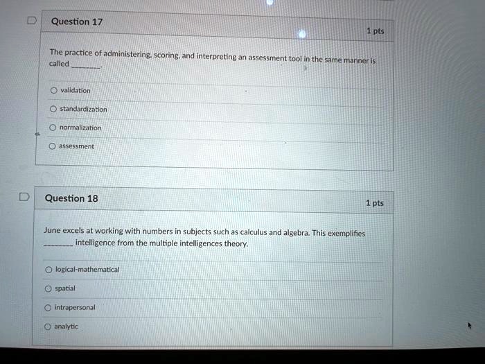 SOLVED: Question 17 1pts The practice of administering.scoring.and ... SOLVED: Question 17 1pts The practice of administering.scoring.and ...