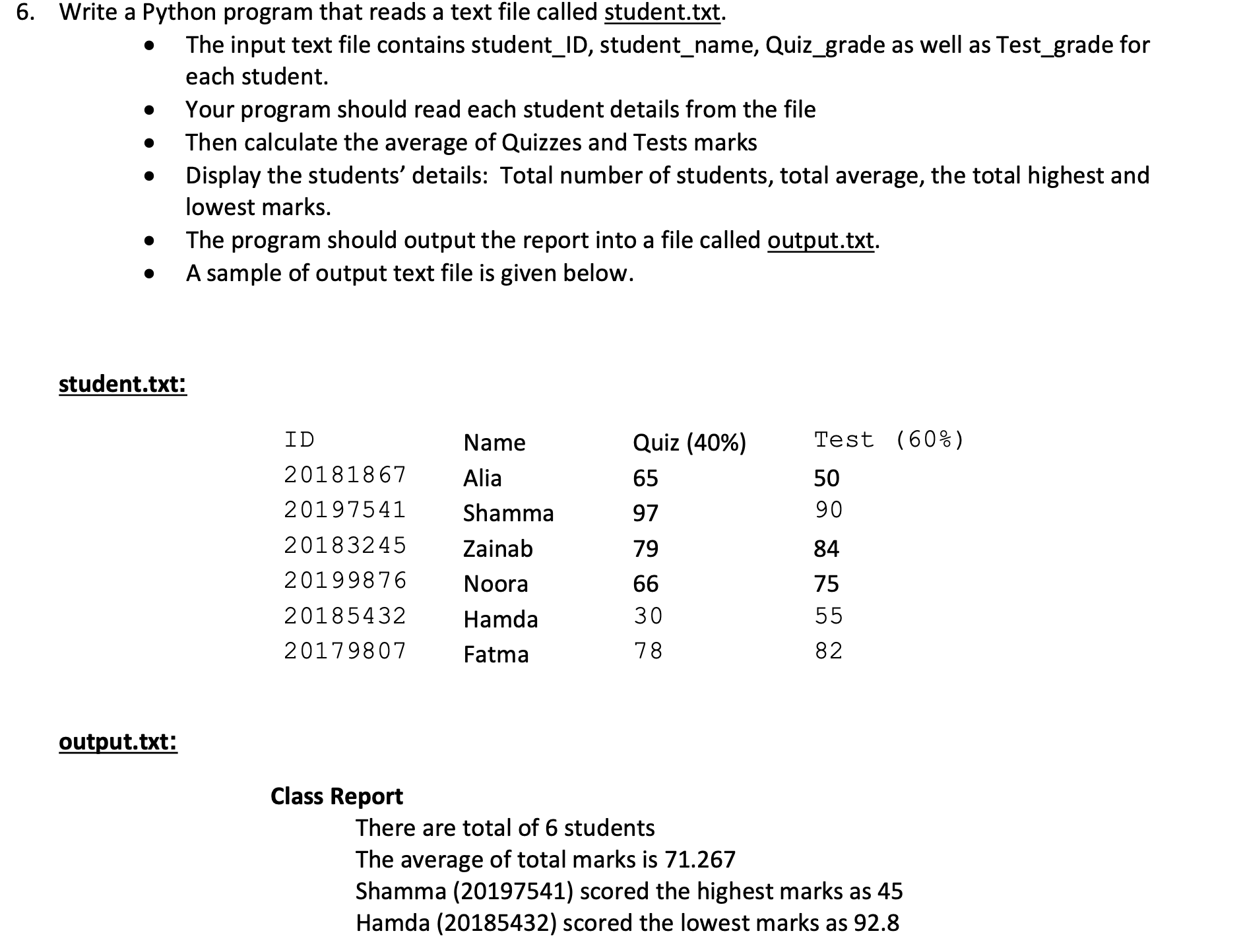 6. Write a Python program that reads a text file called student.txt. - The input text file ...