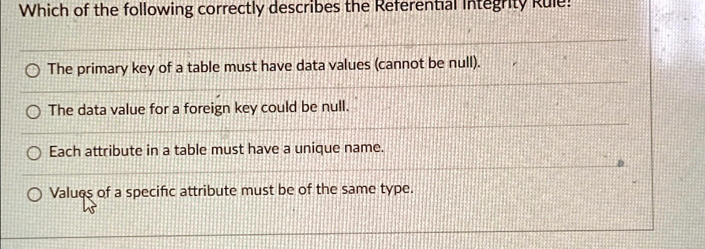 The primary key of a table must have data values (cannot be null). The data value for a foreign ...