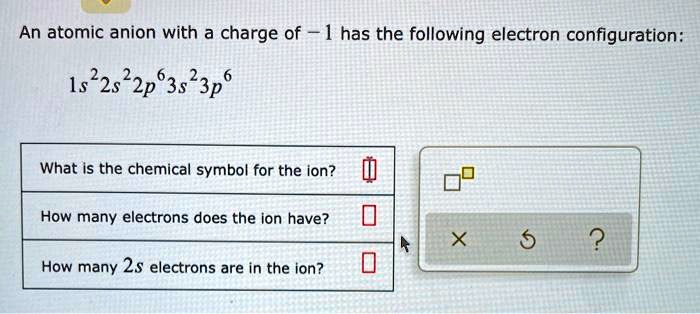 An atomic anion with a charge of -1 has the following electron configuration: 1s2 2s2 2p6 3s2 ...