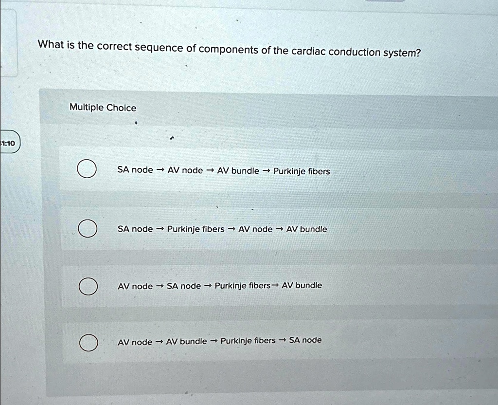 SOLVED: What is the correct sequence of components of the cardiac conduction system? Multiple ...