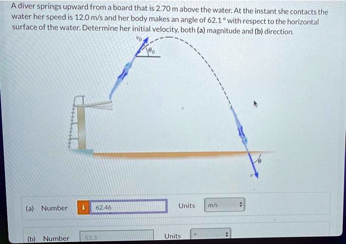 a diver springs upward from board that is 270 m above the water at the ...