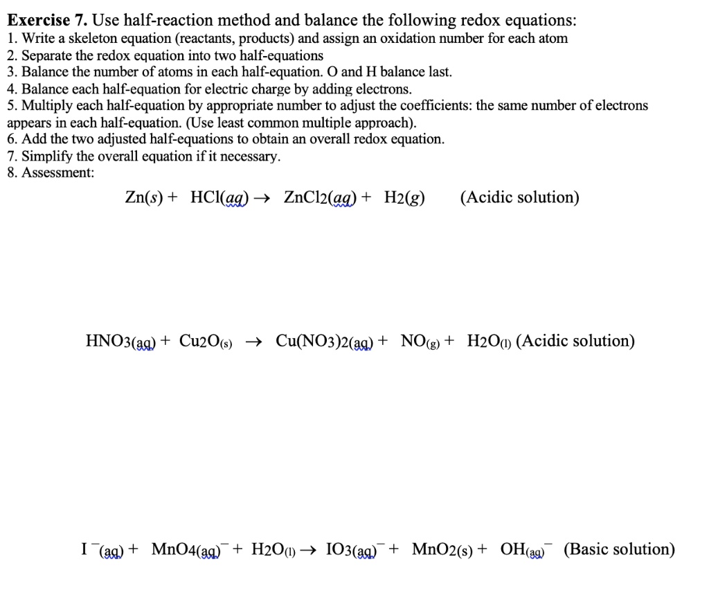 SOLVED: Exercise 7: Balancing Redox Equations Using the Half-Reaction ...