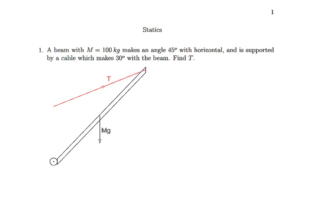 Statics A beam with M = 100 kg makes an angle 450 with horizontal, and ...
