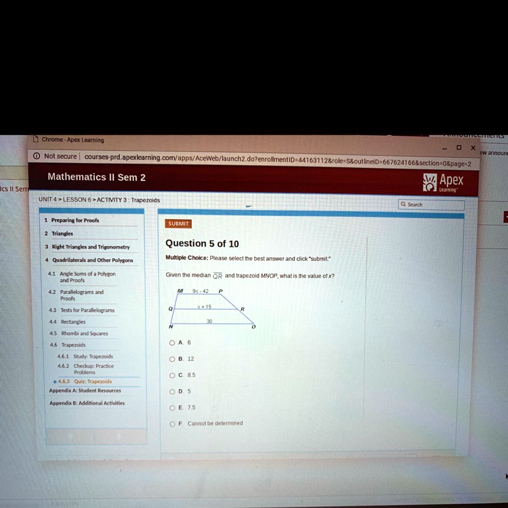 SOLVED: Given the median QR and trapezoid MNOP, what is the value of x? Chrome - Apex Learning ...