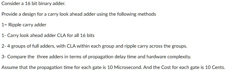SOLVED: Consider a 16 bit binary adder: Provide design for carry look ...