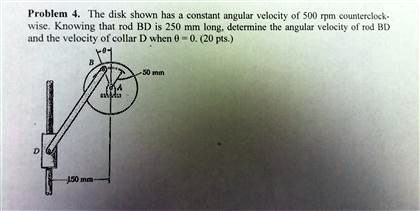 SOLVED: Problem 4. The disk shown has a constant angular velocity of 500 rpm counterclock wise ...
