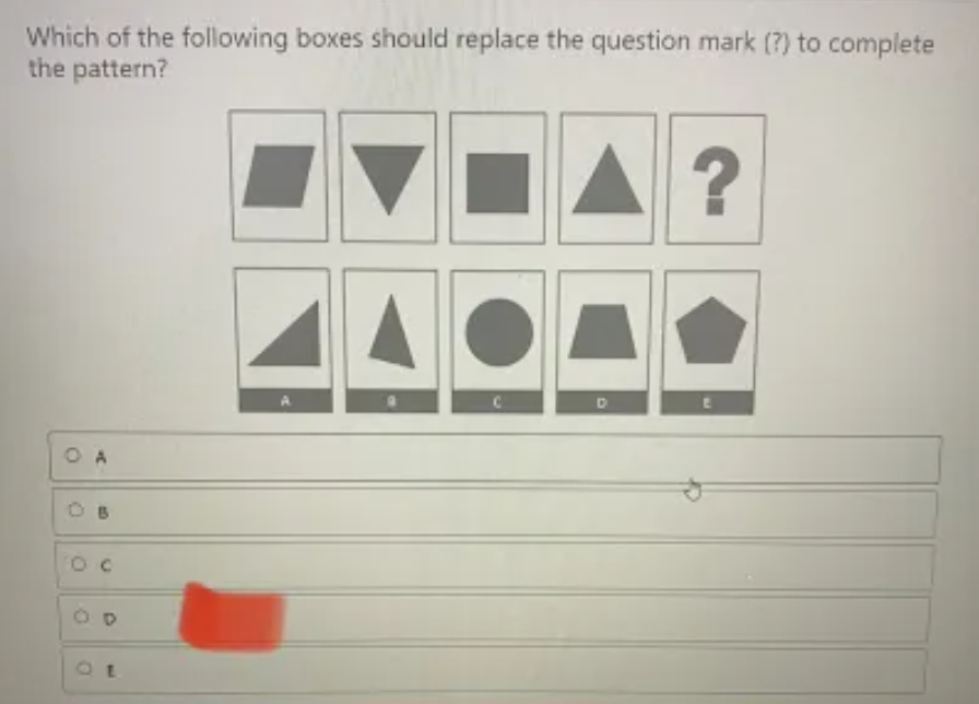 Which of the following boxes should replace the question mark (?) to complete the pattern? A B c D t