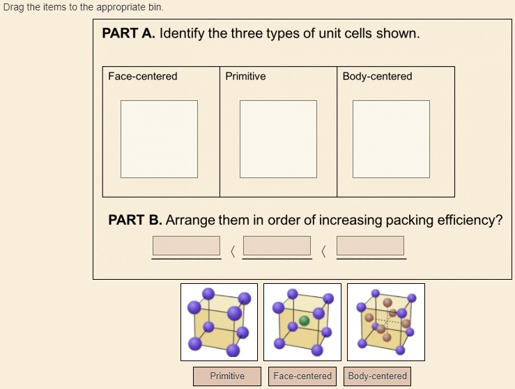 SOLVED: Drag the items to the appropriate bin. PART A. Identify the three types of unit cells ...