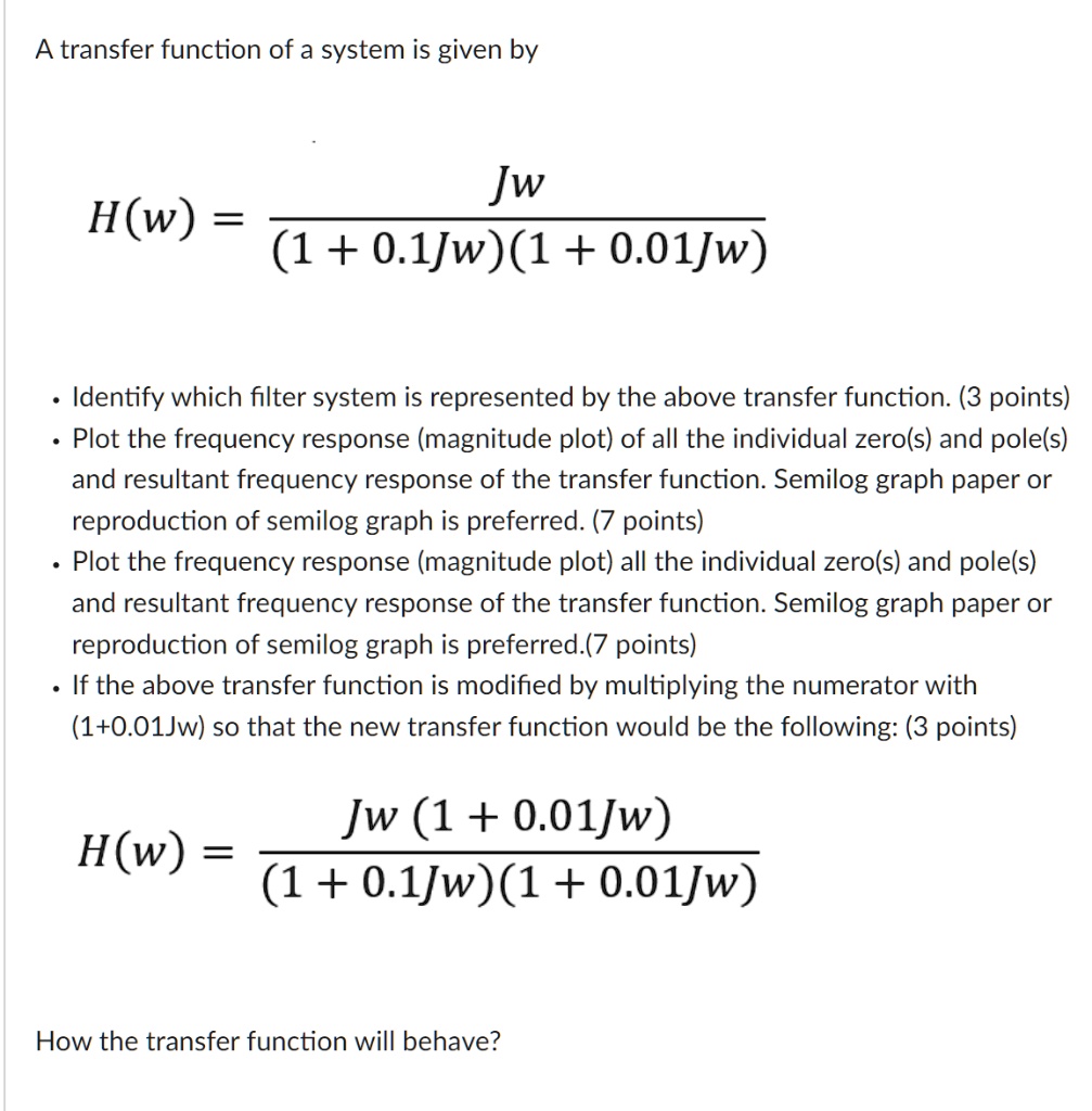 SOLVED: A transfer function of a system is given by: Jw H(w) = (1 + 0 ...