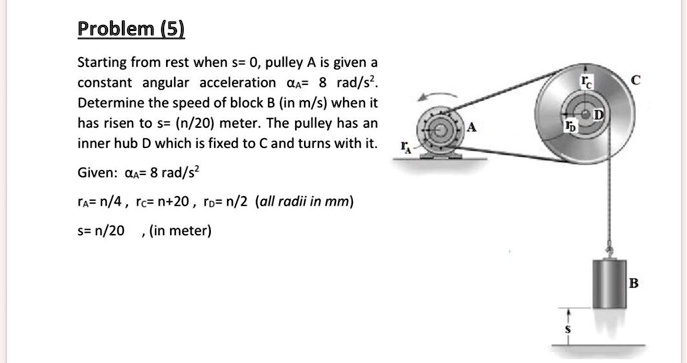 Problem (5) Starting from rest when s= 0, pulley A is given a constant angular acceleration = 8 ...