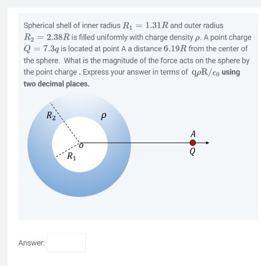 Spherical shell of inner radius R1=1.31 R and outer radius R2=2.38 R is filled uniformly with ...