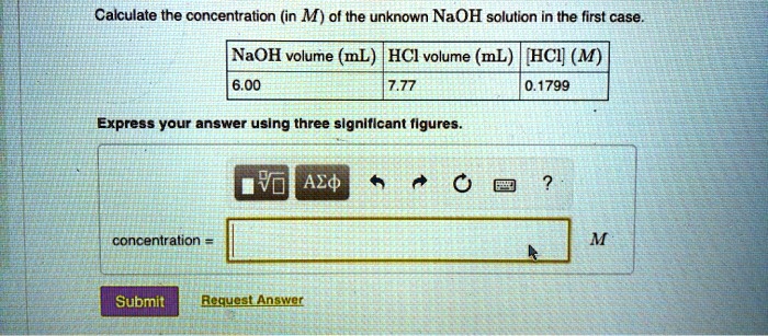 calculate the concentration in m of the unknown naoh solulion in the first case naoh volume ml ...