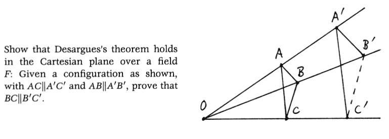 a show that desarguess theorem holds in the cartesian plane over field ...
