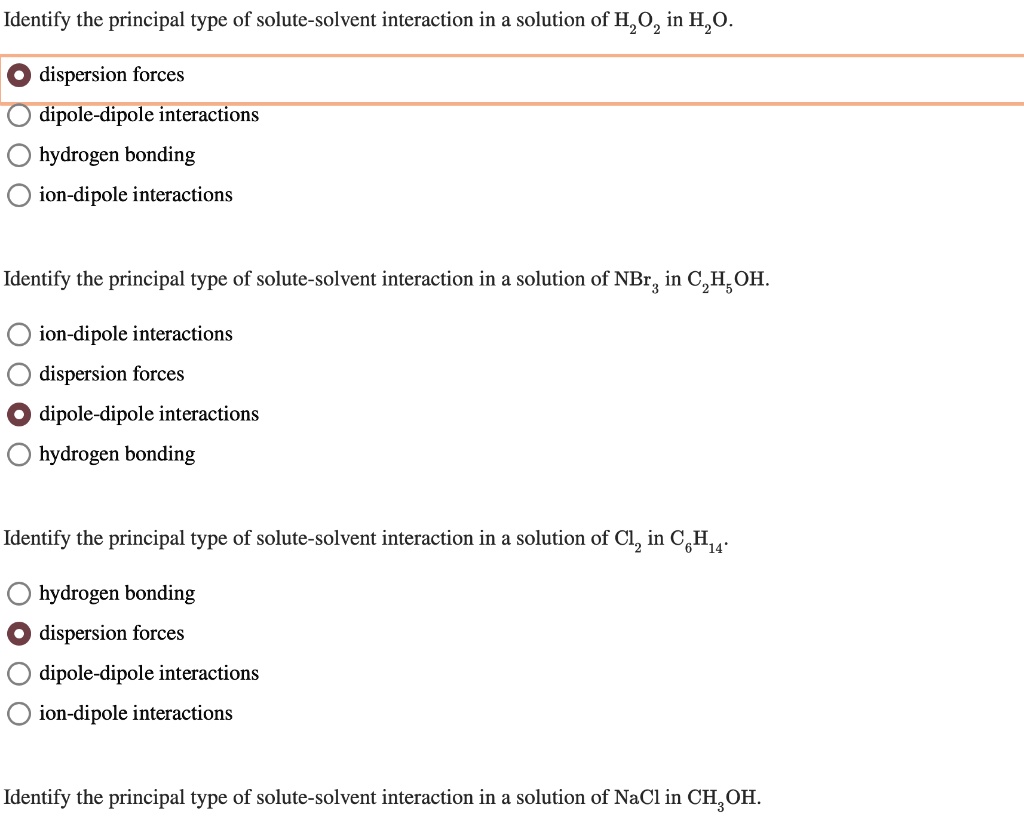 identify the principal type of solute solvent interaction in a solution of h02 in ho dispersion ...