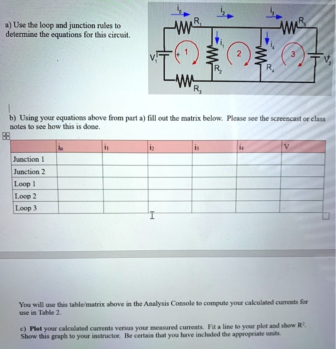 SOLVED: a) Use the loop and junction rules to determine the equations for this circuit. WR; b ...