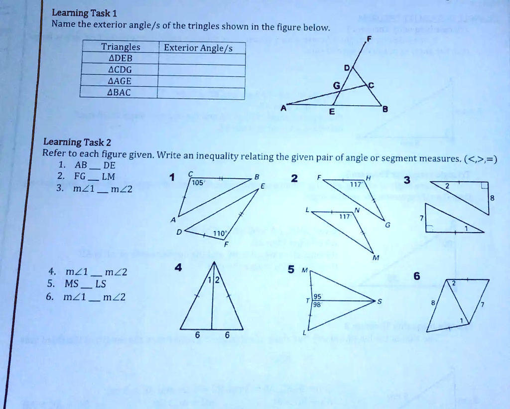 SOLVED: Learning Task 1: Name the exterior angle/s of the triangles shown in the figure below ...