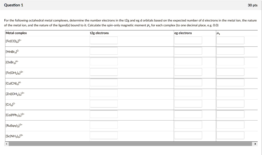 SOLVED: Question 1 30 pts For the following octahedral metal complexes, determine the number ...