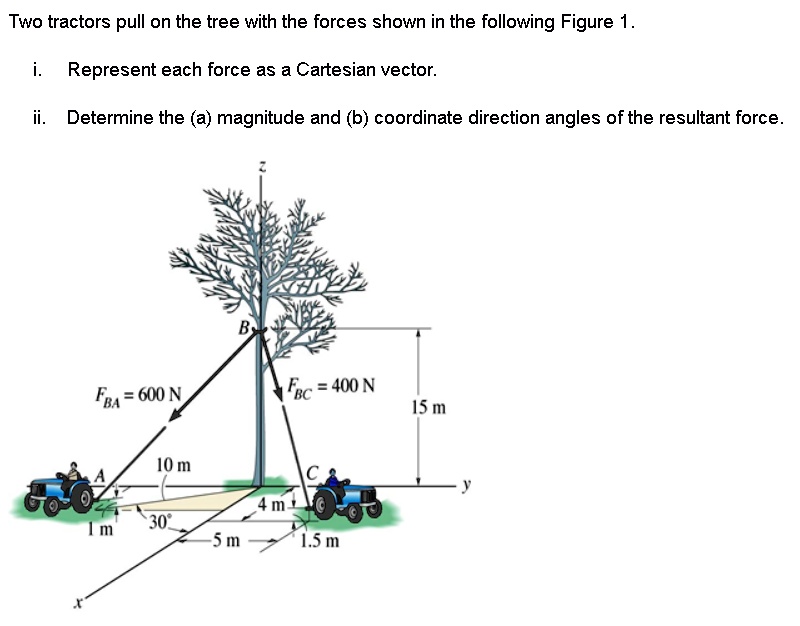 Two tractors pull on the tree with the forces shown in the following ...