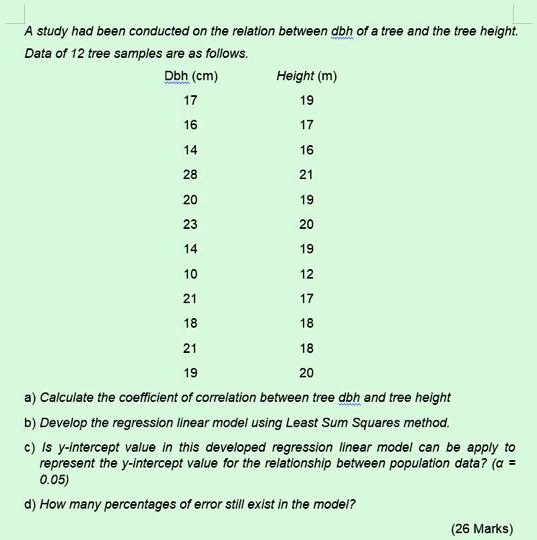 SOLVED: A study had been conducted on the relation between diameter at ...