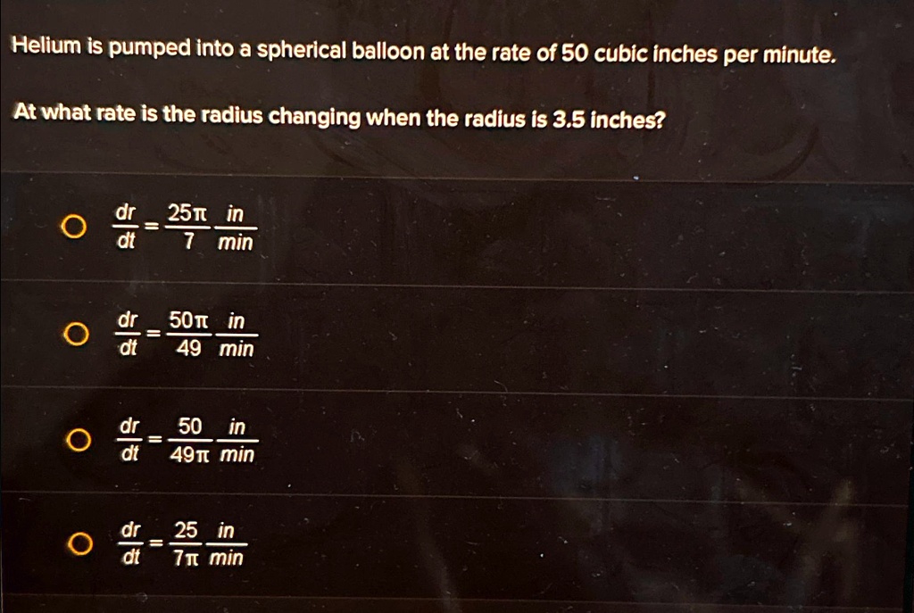 helium is pumped into a spherical balloon at the rate of 50 cubic ...