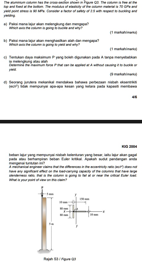 The aluminium column has the cross-section shown in Figure Q3. The ...