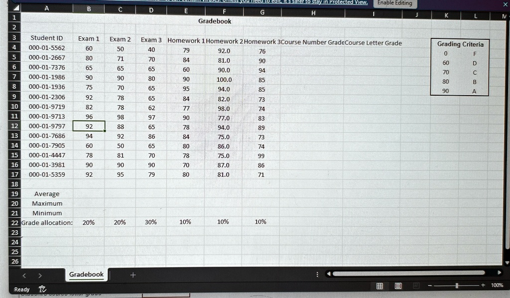 SOLVED: The accompanying Gradebook spreadsheet contains a partially ...