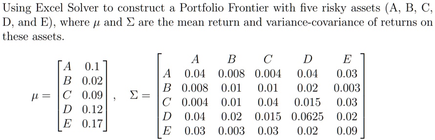 Using Excel Solver to construct a Portfolio Frontier with five risky assets (A, B, C, D, and E ...