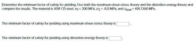 SOLVED: Determine the minimum factor of safety for yielding. Use both ...