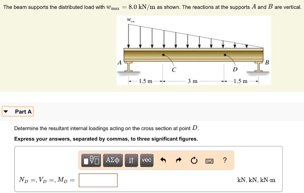 SOLVED: The beam supports the distributed load with wmax = 8.0 kN/m as shown. The reactions at ...