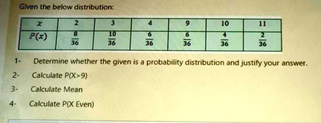 SOLVED:Given the below distribution: x 10 1 3 7O 36 P(x) 36 36 36 36 ...