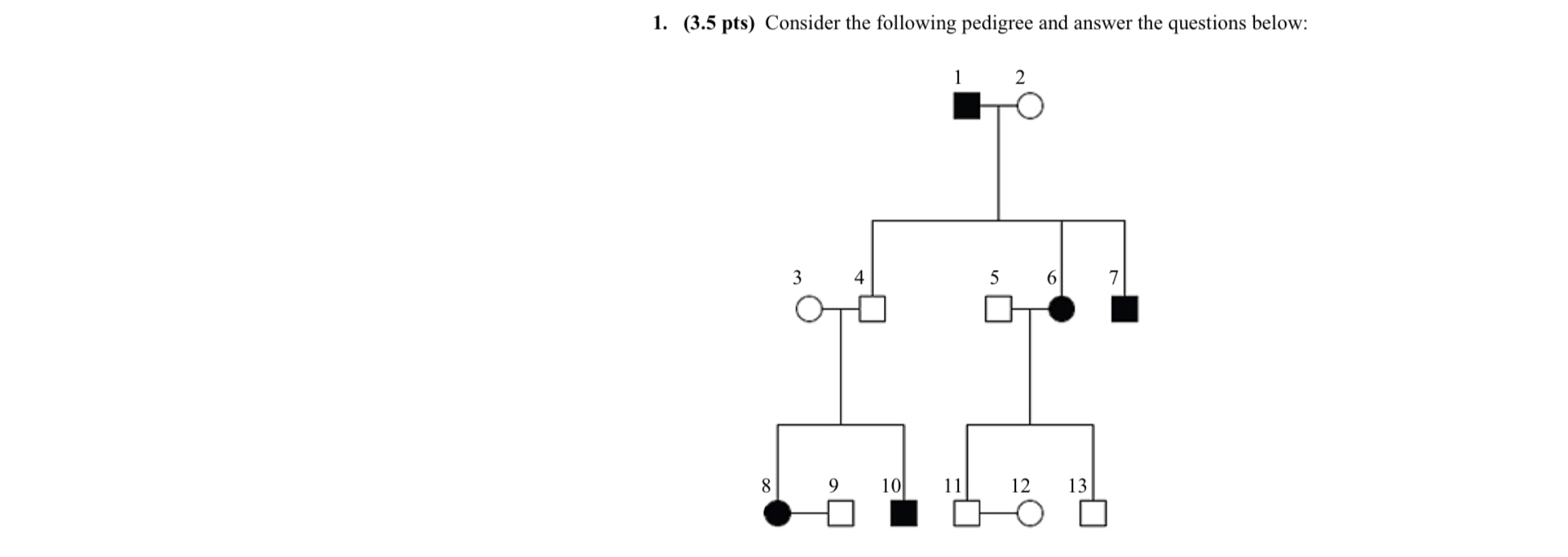 SOLVED: 1. (3.5 pts) Consider the following pedigree and answer the ... SOLVED: 1. (3.5 pts) Consider the following pedigree and answer the ...