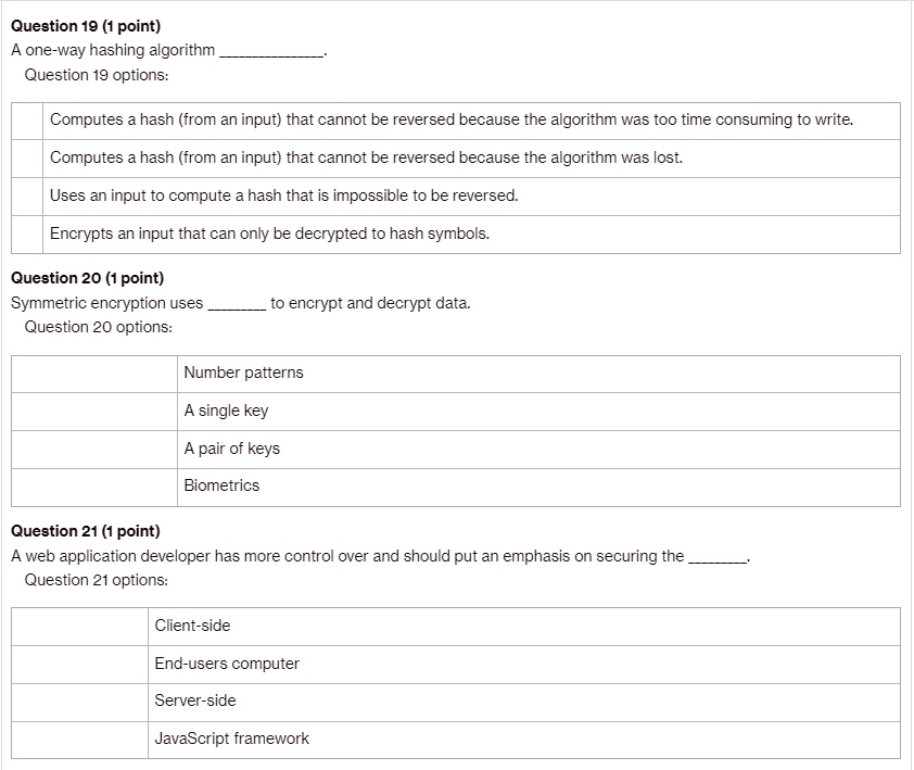 Solved Question191point A One Way Hashing Algorithm Question 19 Options Computes A Hash From