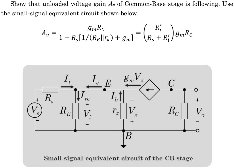 Show that the unloaded voltage gain Ao of the Common-Base stage is as ...