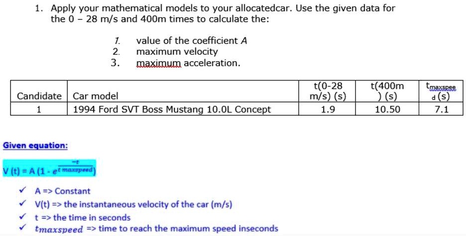 1. Apply your mathematical models to your allocatedcar. Use the given ...