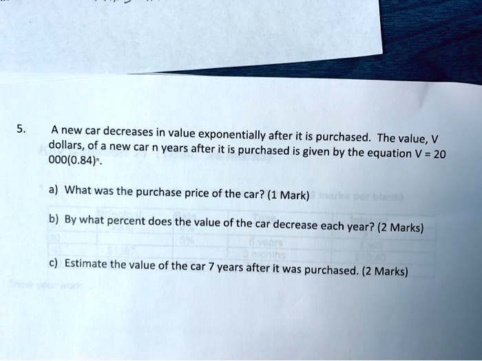 SOLVED:Anew car decreases in value exponentially after it is purchased ...