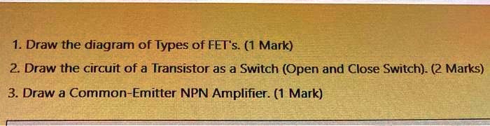 SOLVED: 1. Draw the diagram of Types of FETs. (1 Mark) 2. Draw the circuit of a Transistor as a ...