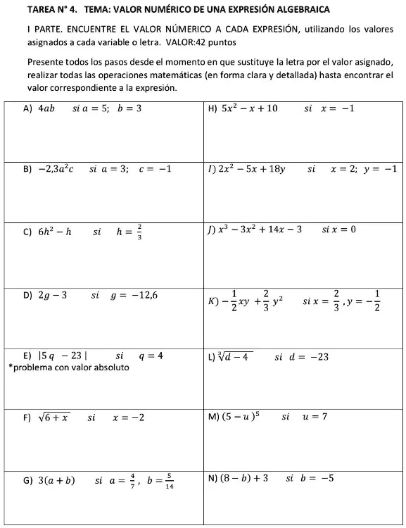 tarea n 4 tema valor numerico de una expresion algebraica parte ...