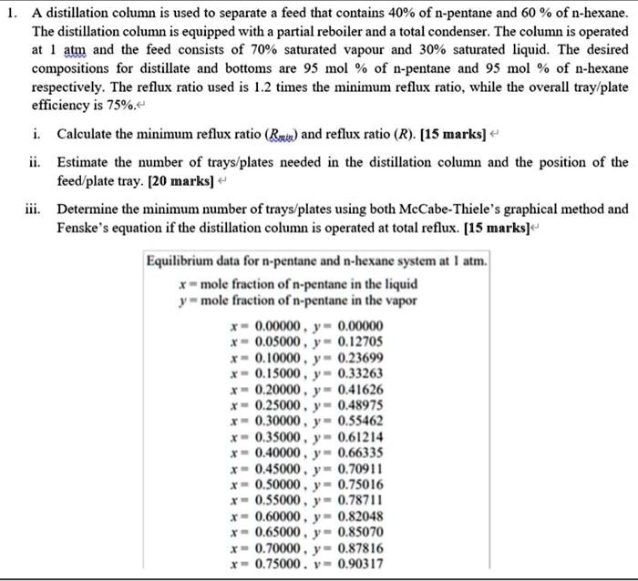 1. A distillation column is used to separate a feed that contains 40% of n-pentane and 60% of n ...