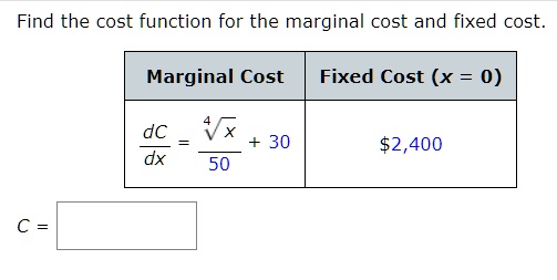 SOLVED: Find the cost function for the marginal cost and fixed cost ...