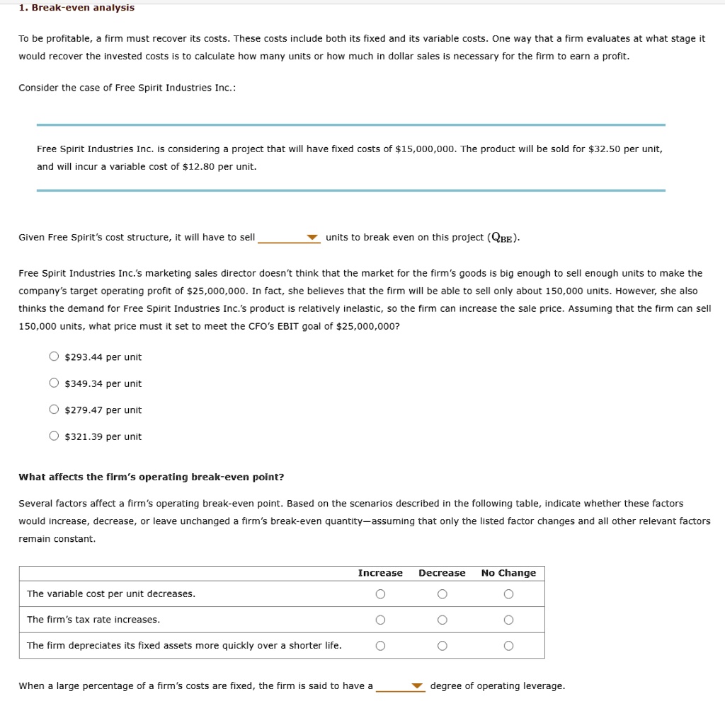 SOLVED: Break-even analysis To be profitable, a firm must recover its ...