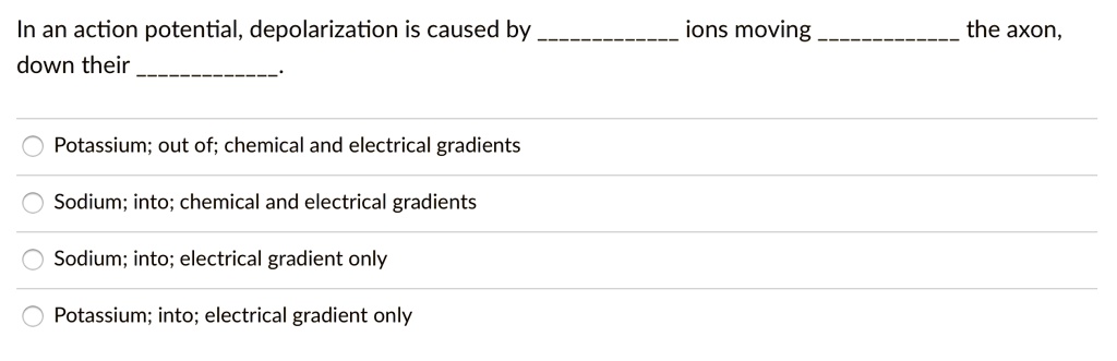 In an action potential, depolarization is caused by ions moving the ...
