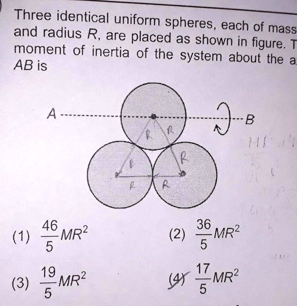 Three identical uniform spheres, each of mass and radius R, are placed as shown in figure. The ...