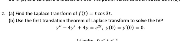 SOLVED: (a) Find the Laplace transform of f (t) = t cos 3t. (b) Use the ...